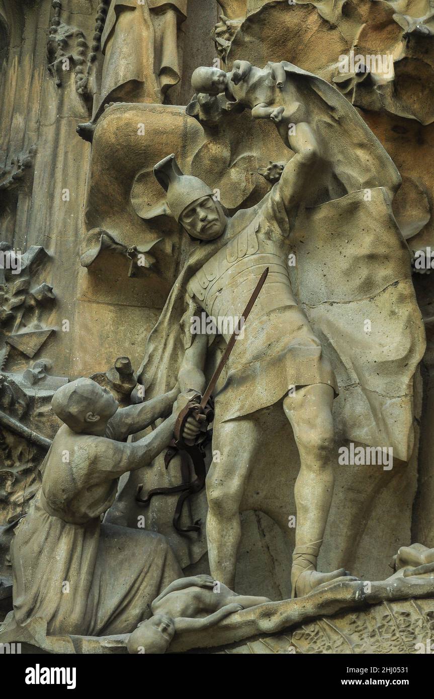 Sculptures of the Nativity façade of the Sagrada Familia basilica on a ...
