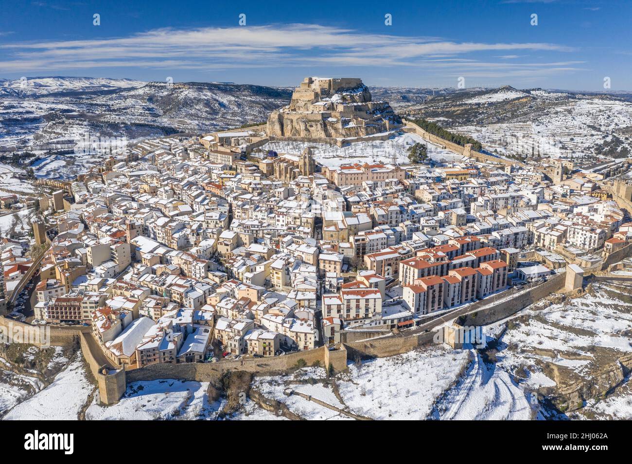 Morella medieval city aerial view, in winter, after a snowfall ...