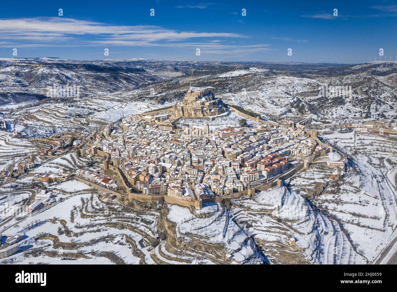 Morella medieval city aerial view, in winter, after a snowfall ...