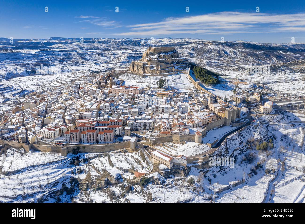Morella medieval city aerial view, in winter, after a snowfall ...
