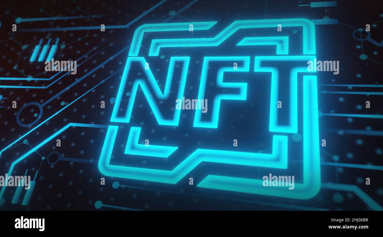 3D Rendering of NFT (Non-Fungible-Token) neon glow text on computer ...