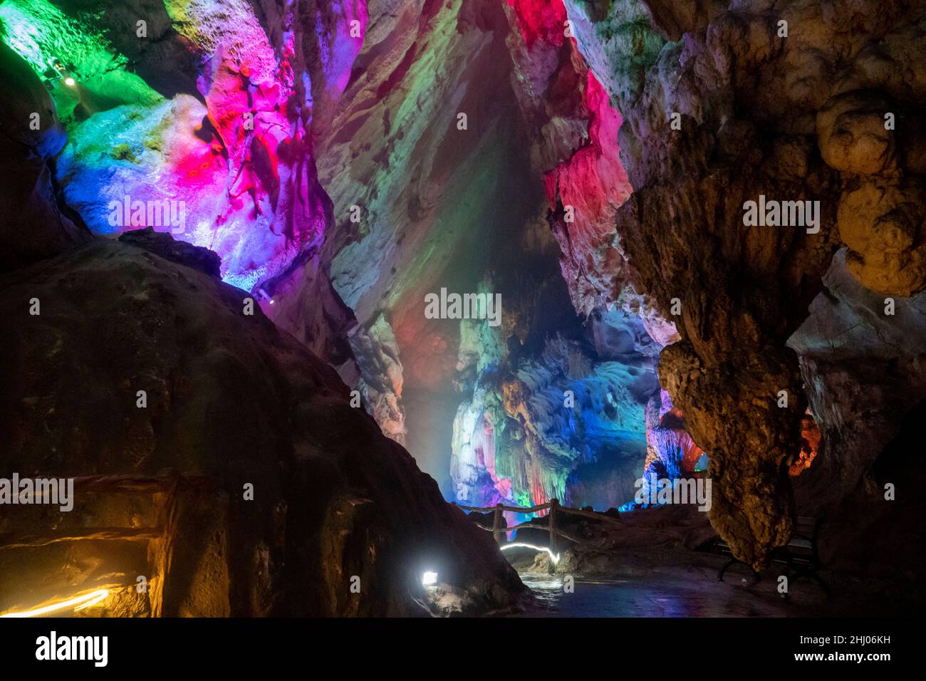 Underground karst cave illuminated by color light,Located in Guangdong ...