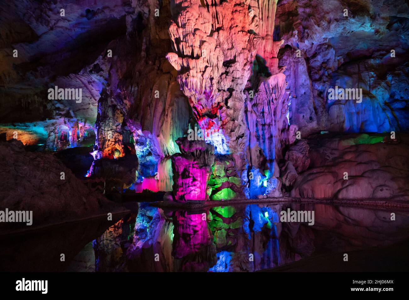 Underground karst cave illuminated by color light,Located in Guangdong ...