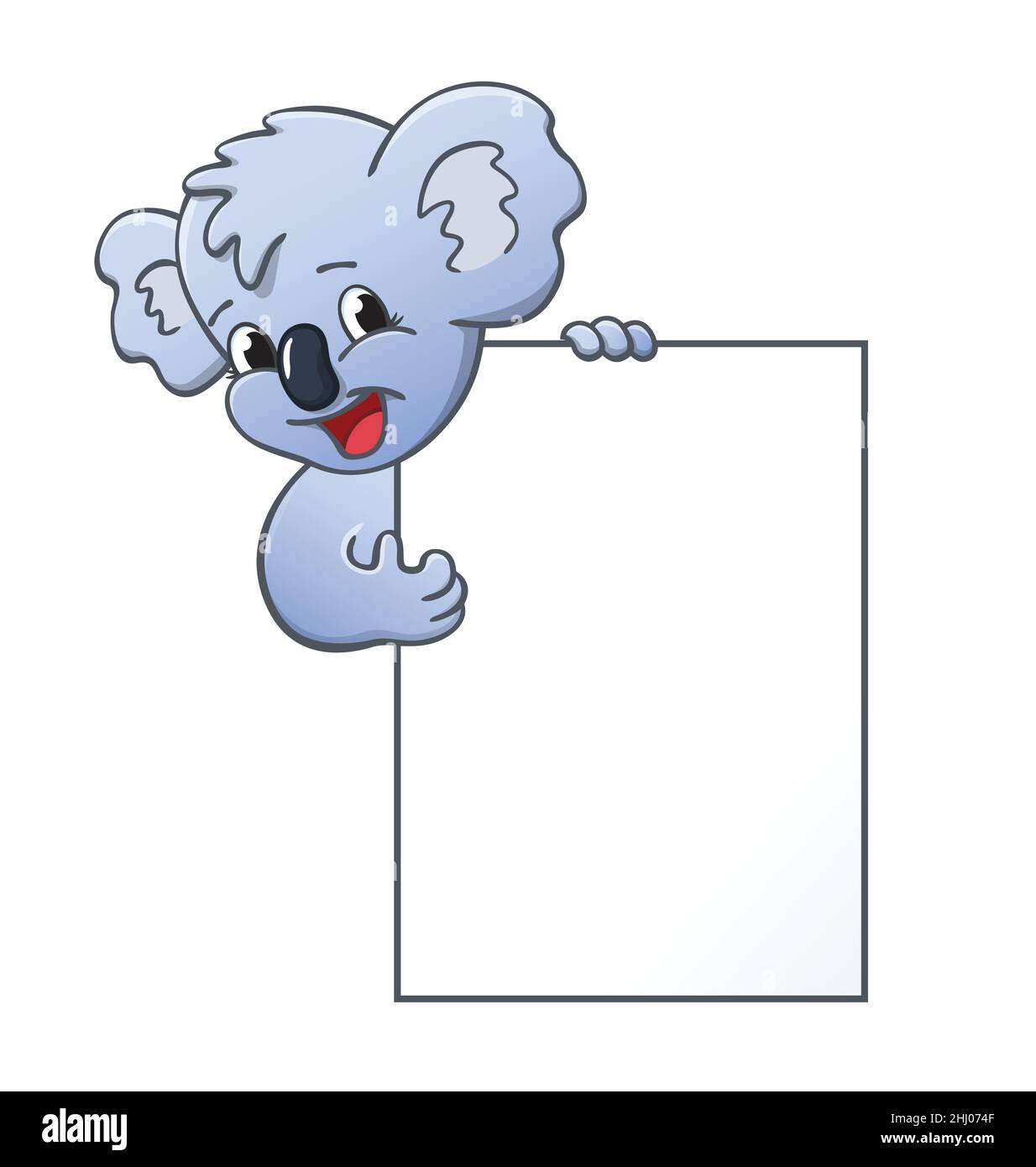 Cute smiling happy cartoon koala character holding blank sign vector ...