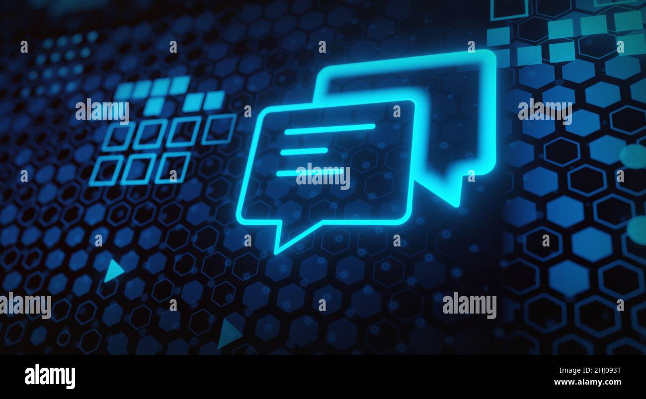 Two futuristic glowing low polygonal speech bubbles isolated on dark ...