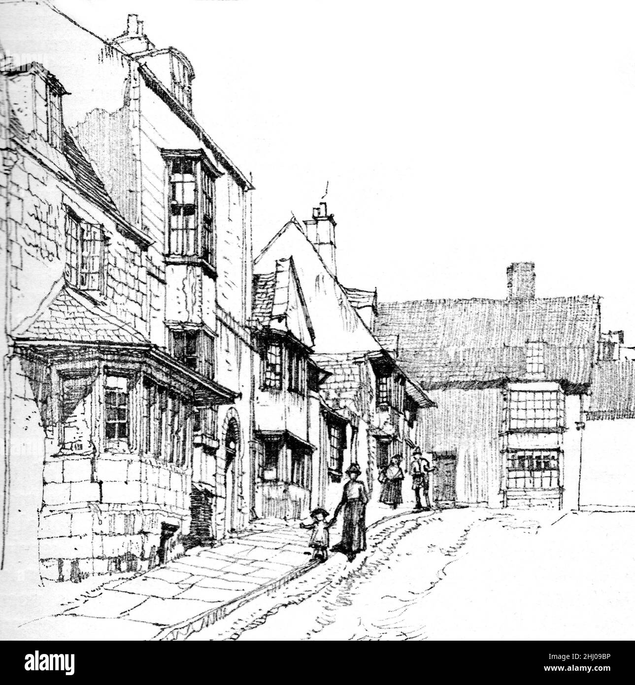 Black and White Illustration; St Peter's Hill, Stamford, Lincolnshire ...