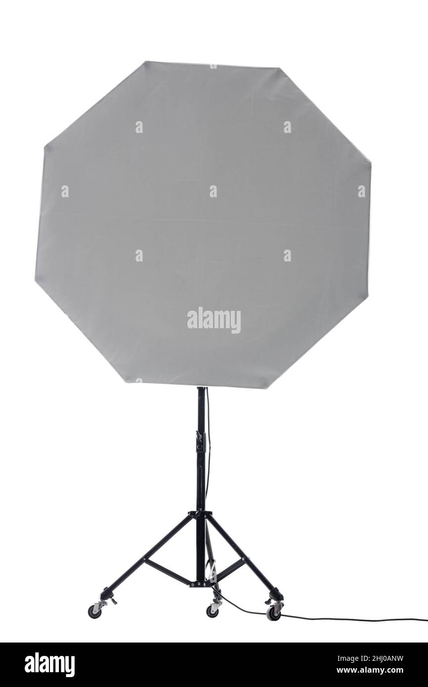 Flash light with octagonal octagon softbox on stand with wheels. Studio ...
