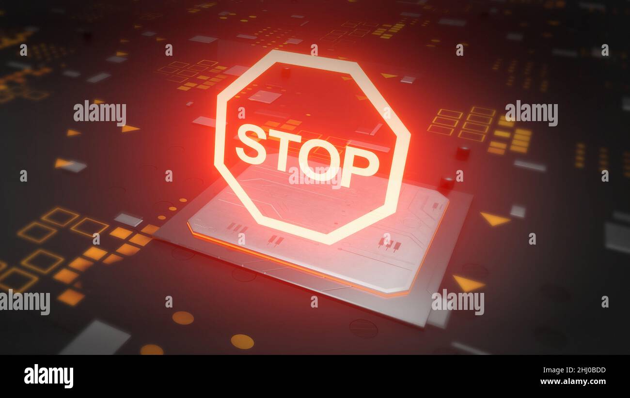 Stop button on red hot motherboard Stock Photo - Alamy