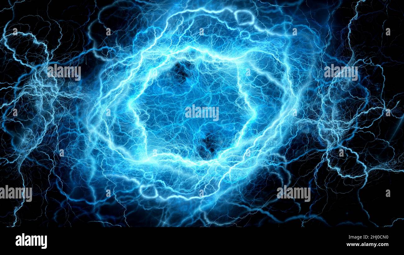 Blue glowing dual circular lightning, computer generated abstract ...