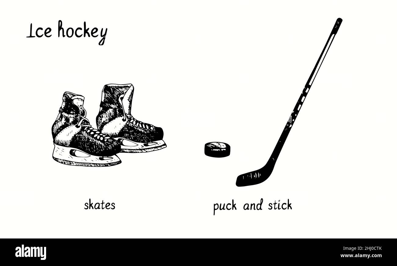 Ice hockey skates, stick and puck. Ink black and white doodle drawing ...