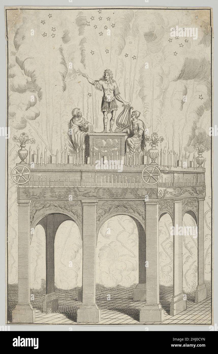 Triumphal arch with sculpture of Louis XIV as Apollo and fireworks in ...