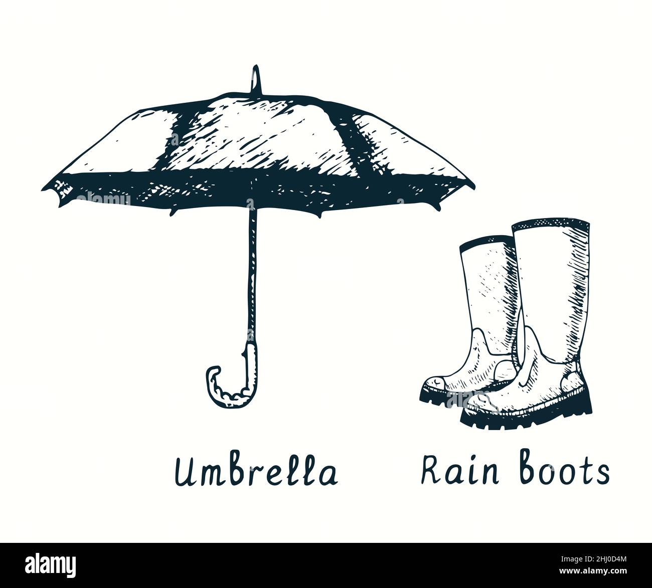 Umbrella open and pair of rain boots. Ink black and white doodle ...