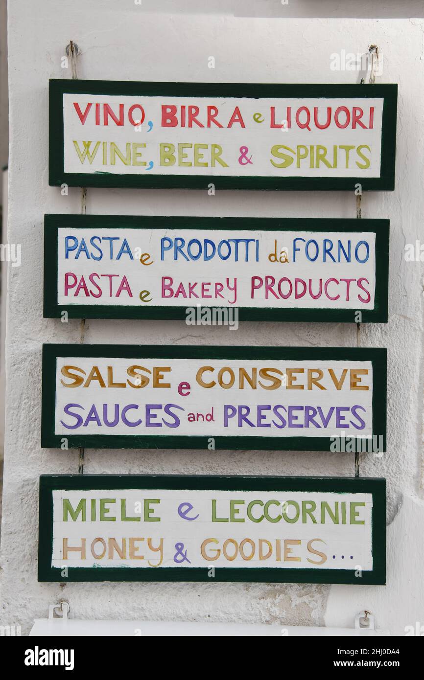 Menu with typical italian products in italian and english outside a ...