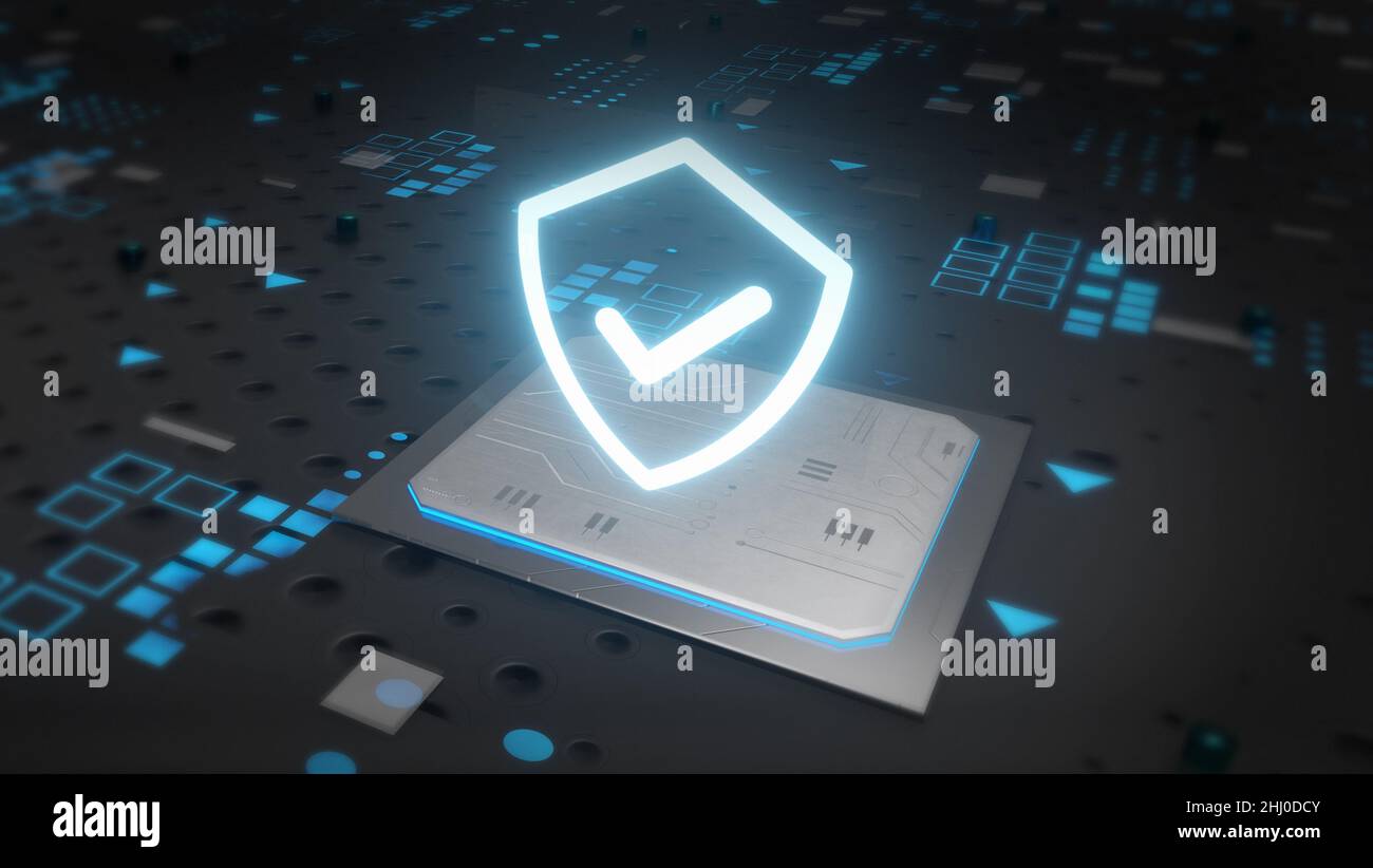 Check mark symbol in digital processor circuit background, Technology ...