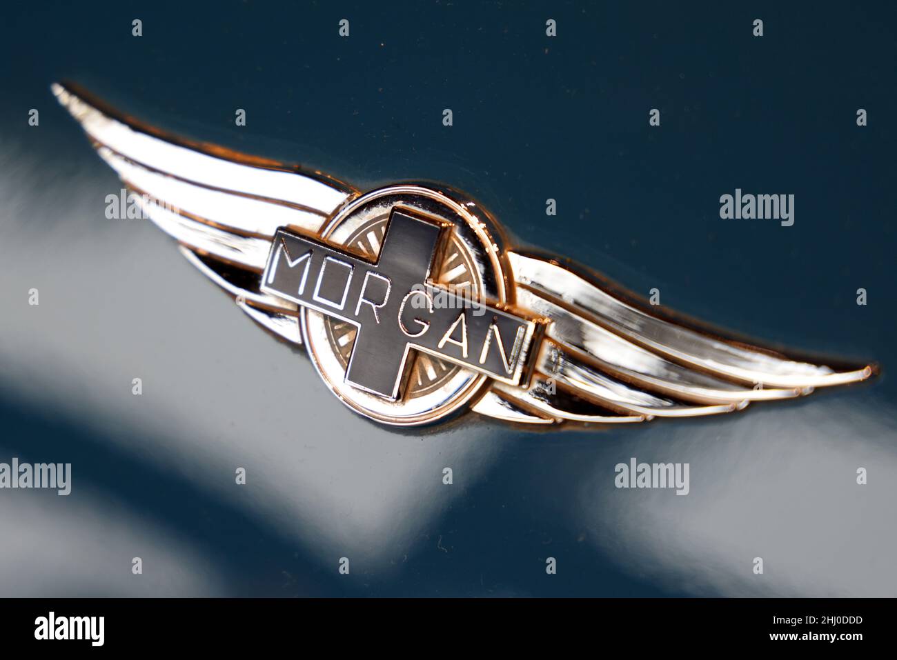 The Morgan logo, on a Plus Four car, at the Morgan Motors Experience ...