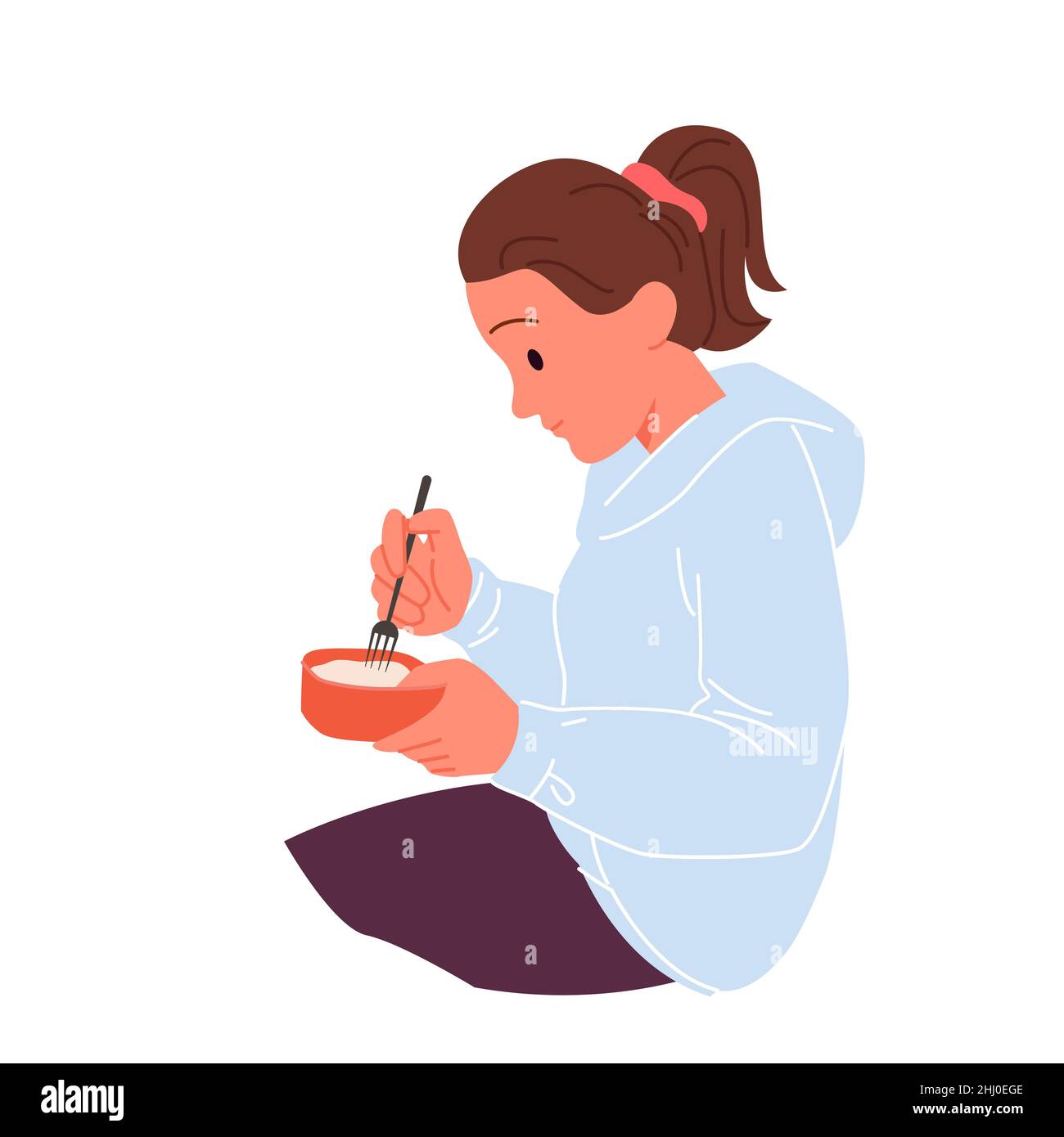 Girl eating fresh food from lunch box, hungry teenager sitting alone ...