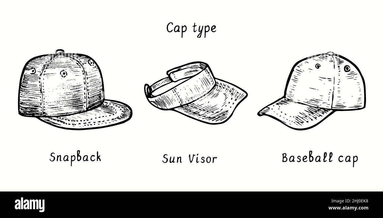 Cap types. Snapback, Sun Visor and Baseball cap. Ink black and white ...
