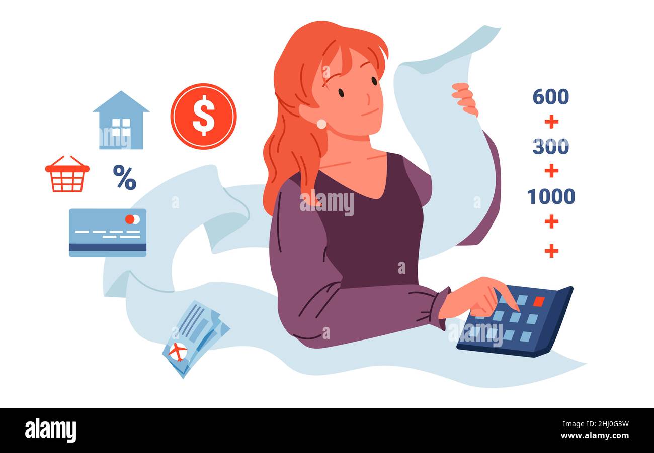 Cartoon woman with calculator and invoice receipt calculating balance ...