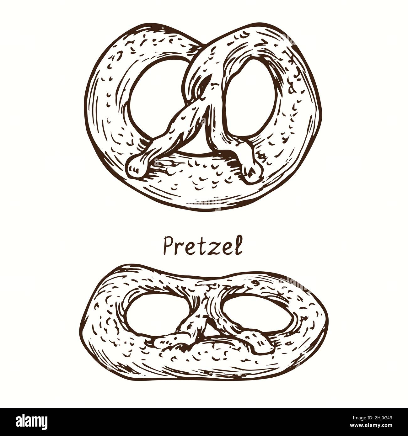 Pretzel collection. Ink black and white doodle drawing in woodcut style ...