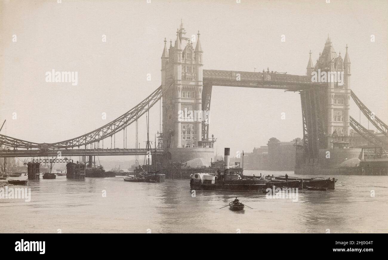 Antique circa 1890 photograph of the Tower Bridge on the River Thames ...