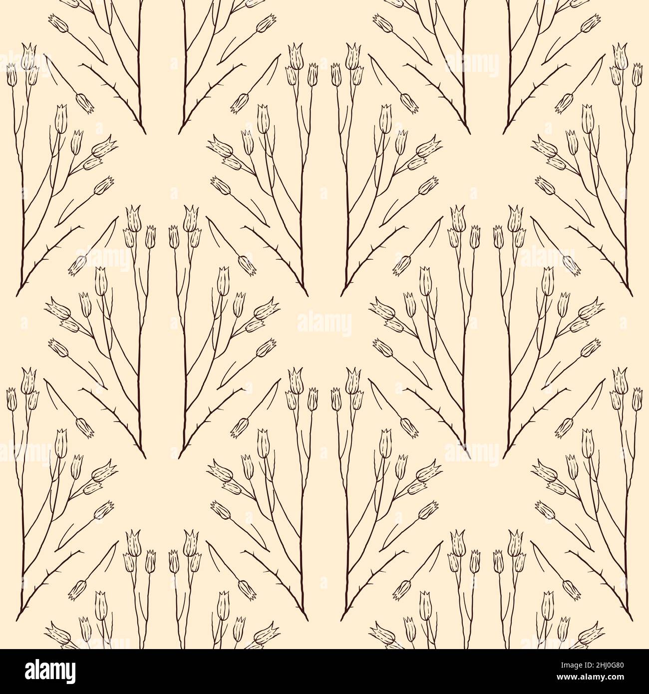 Vintage seamless pattern with botanical line drawings. Earthy neutral ...