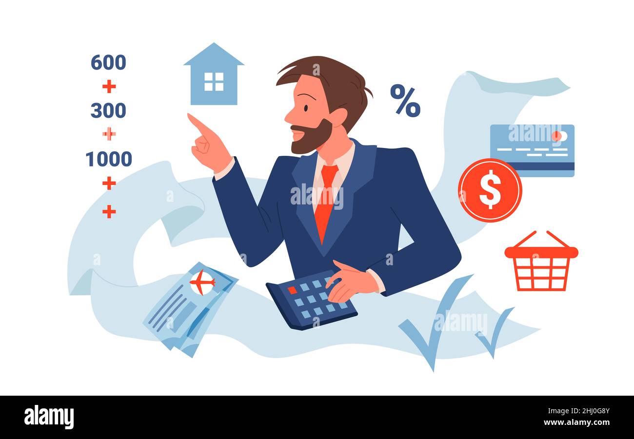 Cartoon man in suit calculating allocation, payments and financial ...