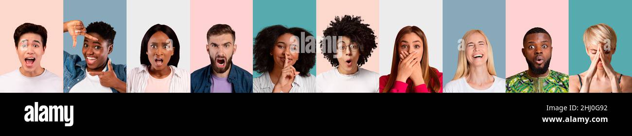 Emotions, feelings concept, set of closeup photos, collage, panorama ...