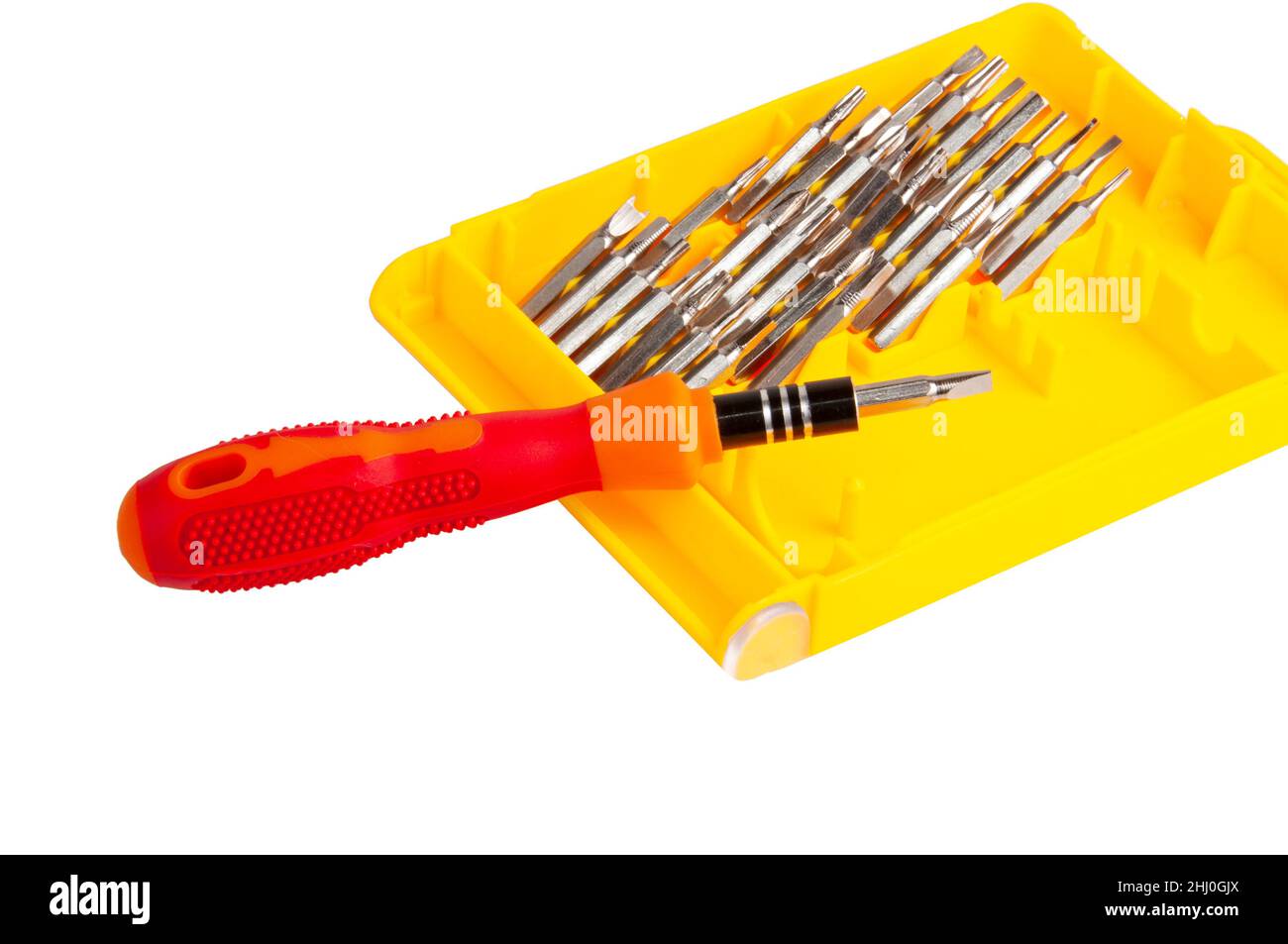 Set of screwdrivers tools instrument in yellow box Stock Photo - Alamy
