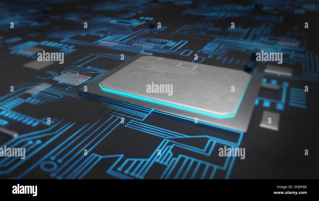 CPU chip on circuit board. Dark motherboard with central processor chip ...