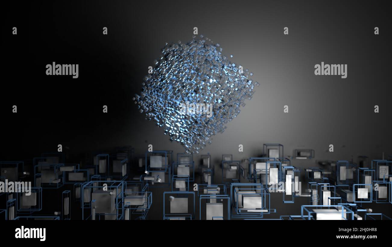 3D Render. Abstract goldes geometric shapes. Cubes form big cube ...