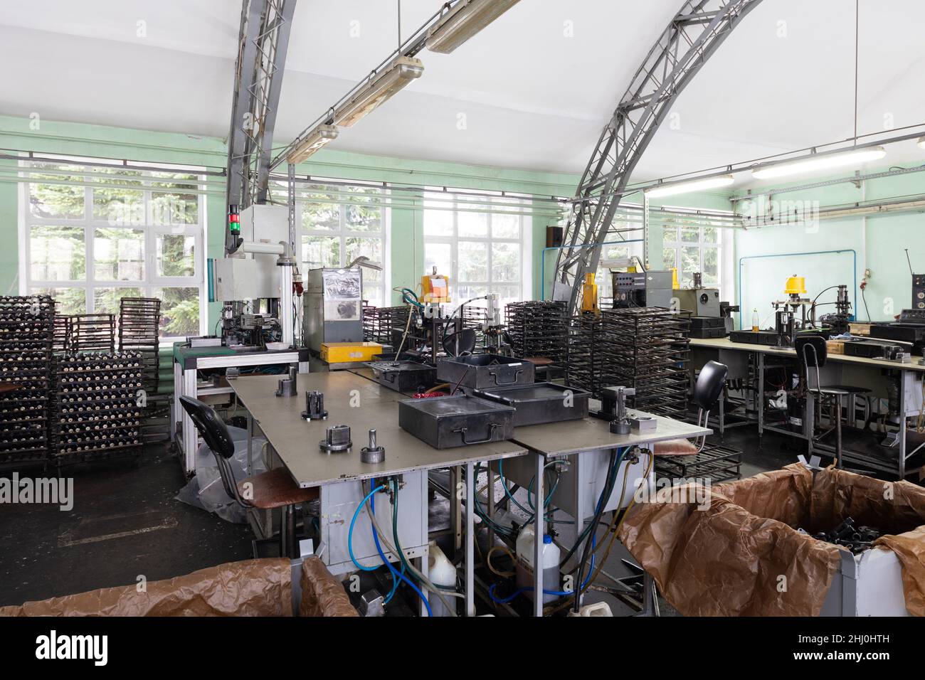 Automobile assembly production. Factory with steel constructions ...