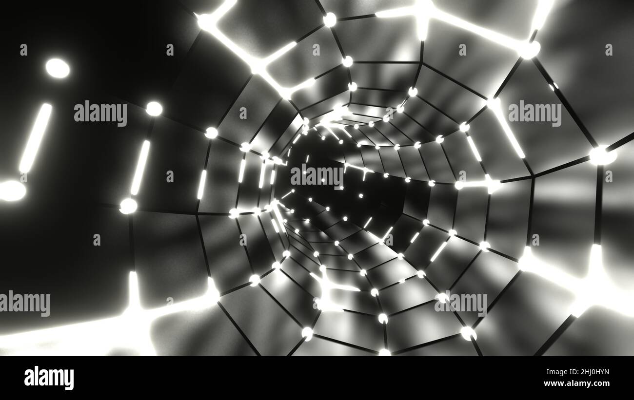 3D Render. Abstract interior sci-fi spaceship corridor with blue neon ...