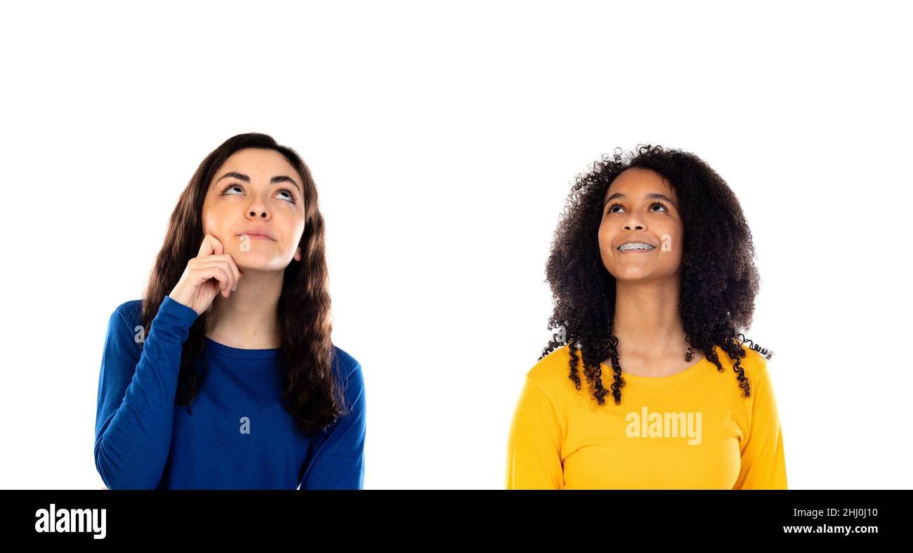 Teenager girls thinking about something isolated on a white background ...