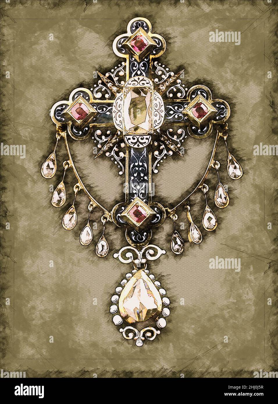 Illustration Sketch of a Beautiful vintage diamond and ruby brooch ...