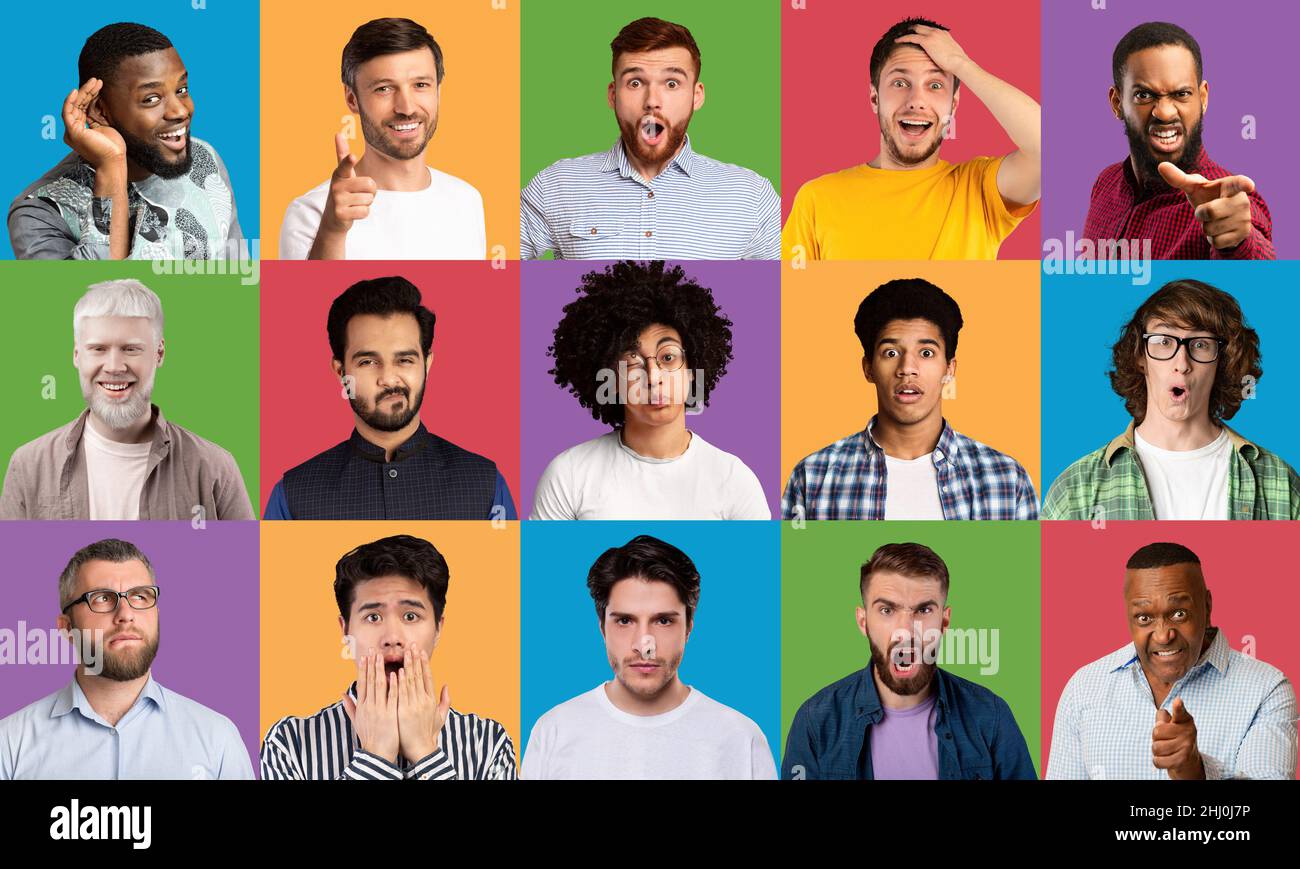 Multiple collage of diverse men expressing different emotions Stock ...