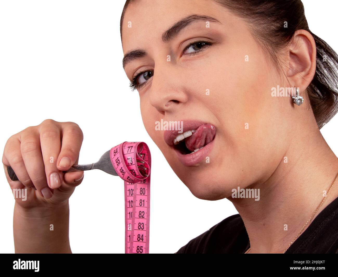 Girl face and tape measure in mouth isolated on the white Stock Photo ...
