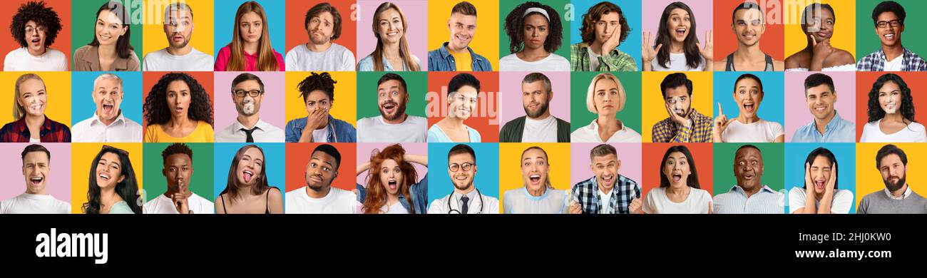Set of multicultural people headshots expressing their attitudes and ...