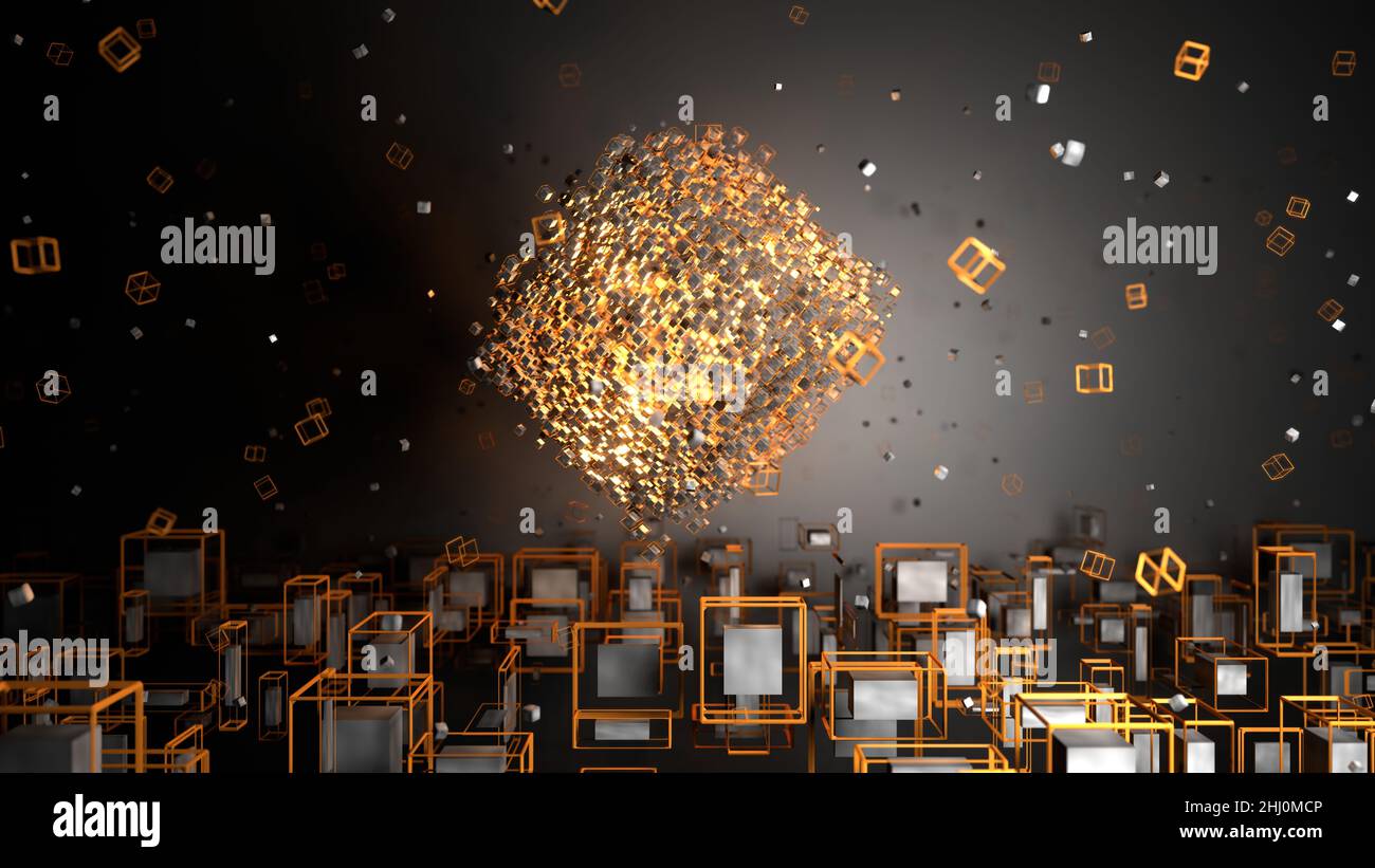 3d render. Abstract goldes geometric shapes. Cubes form big cube ...