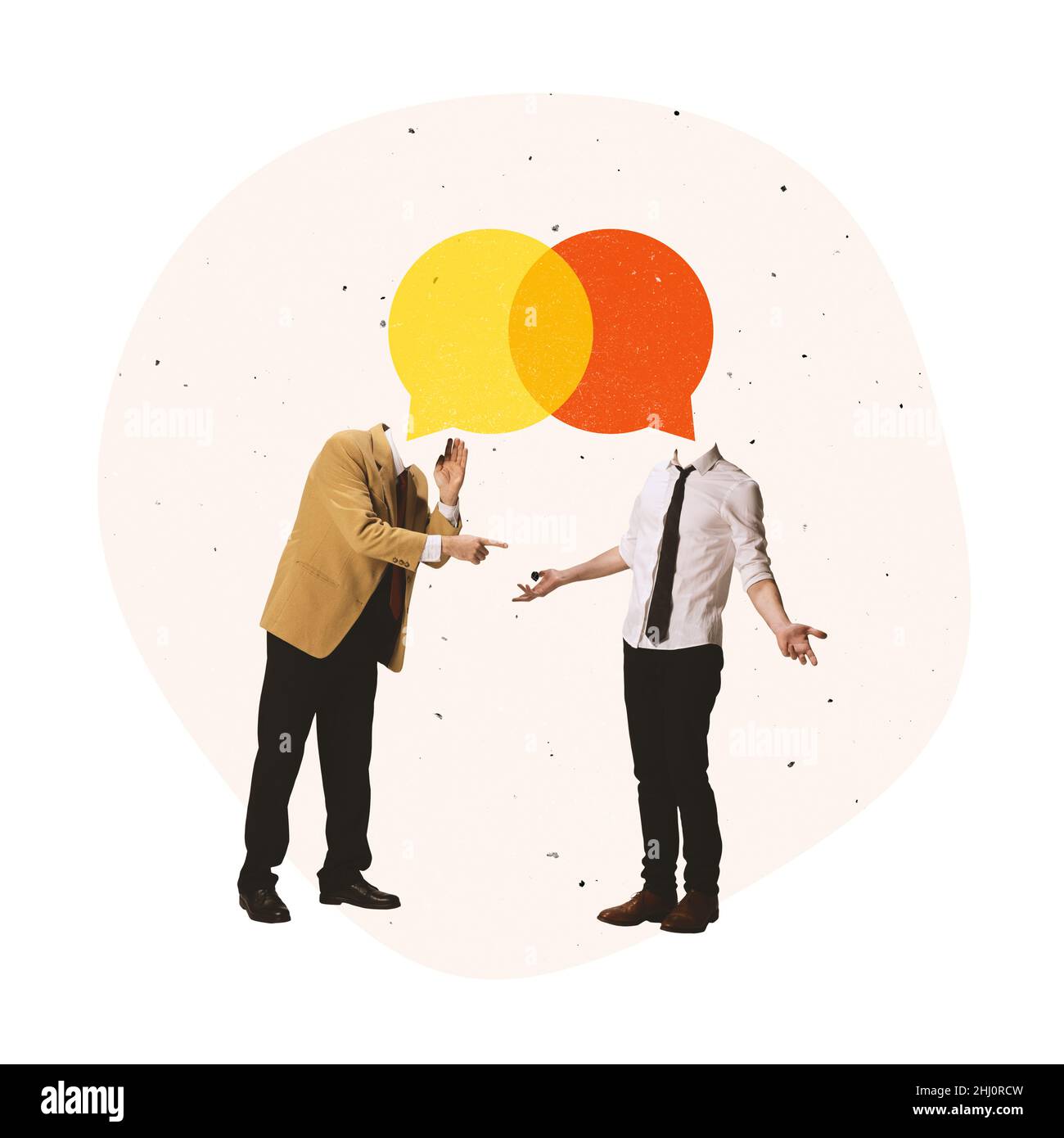 Contemporary art collage. Two business peoprl talking, man giving ...
