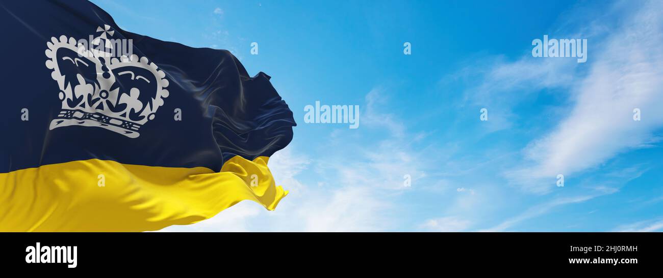 flag of Regina , Canada at cloudy sky background on sunset, panoramic ...