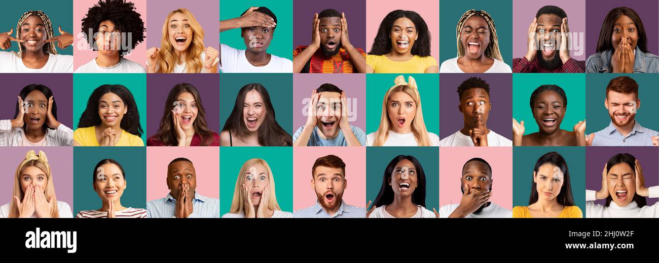 Millennials posing on colorful studio backgrounds, showing different ...