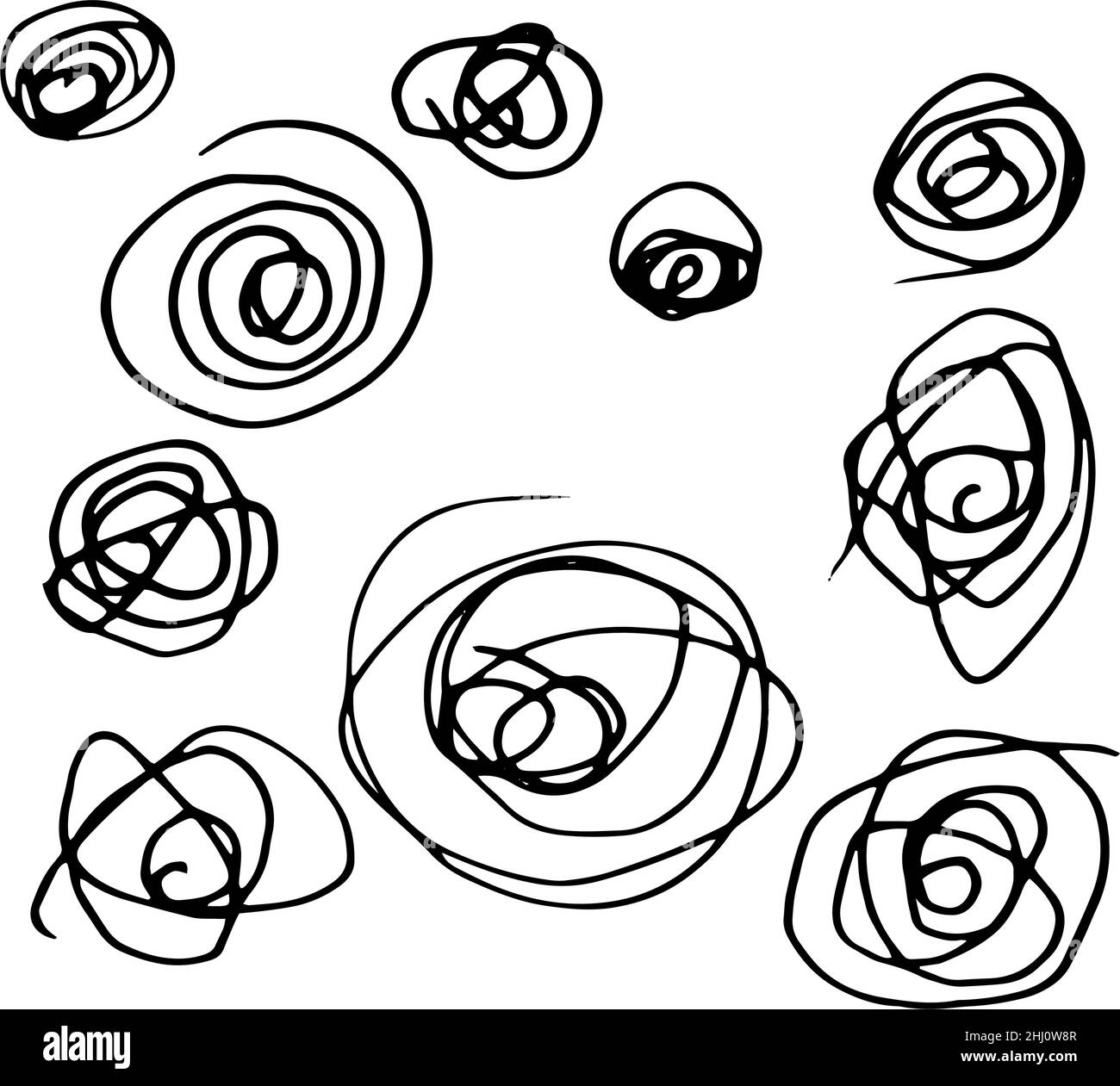 Abstract hand drawn monochrome simple doodle vector pattern of scribble lines. Black concentric ...