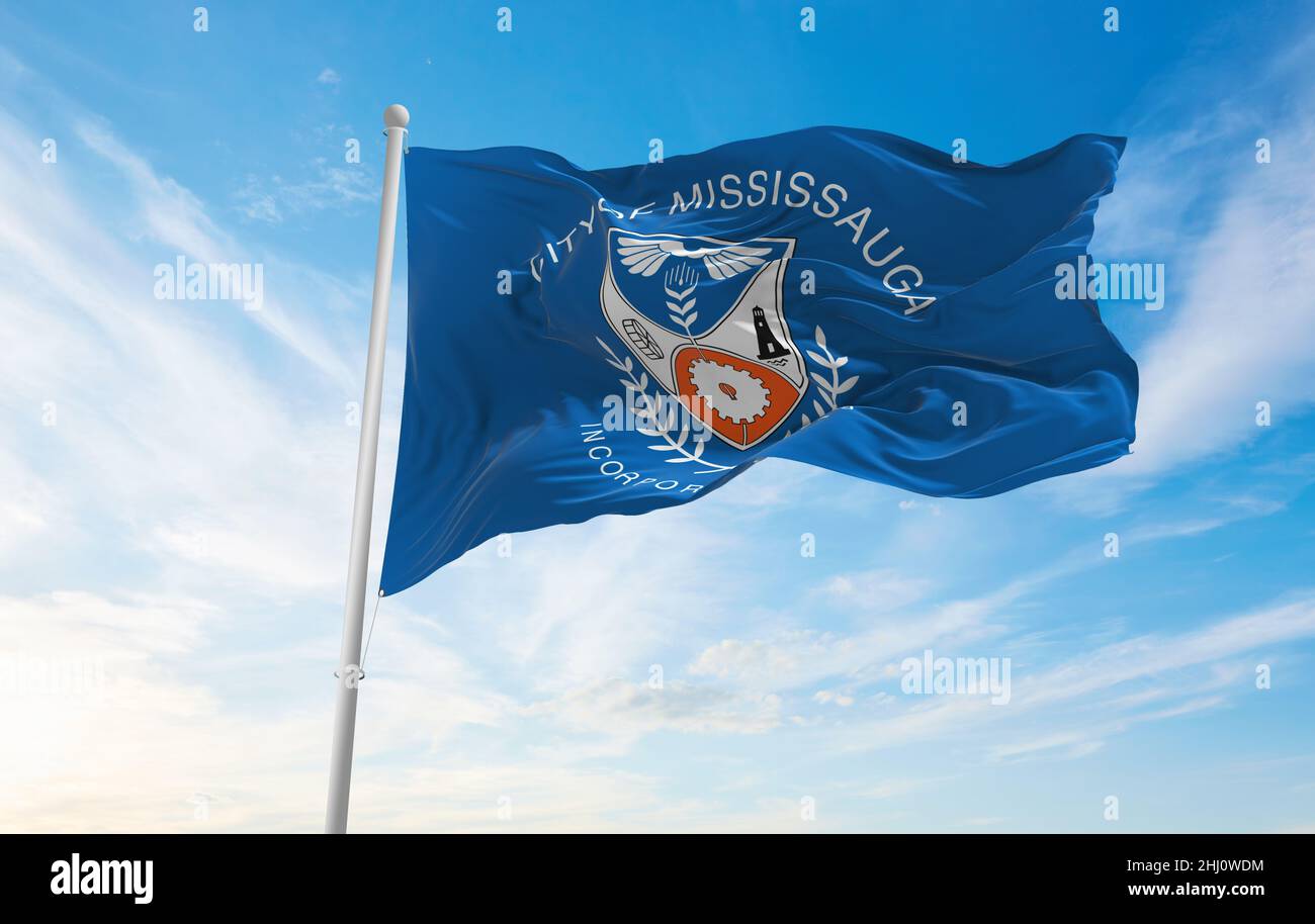 flag of Mississauga , Canada at cloudy sky background on sunset ...