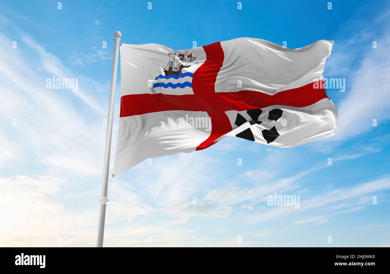 flag of Nanaimo , Canada at cloudy sky background on sunset, panoramic ...