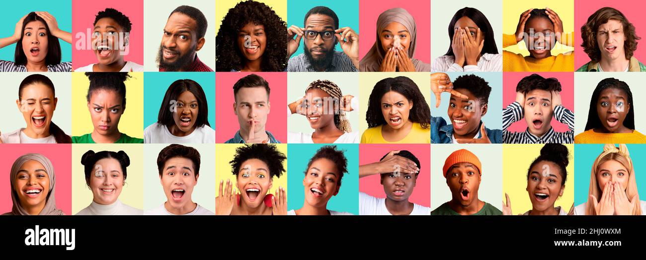 Emotions collage. Collection of male and female emotional portraits ...