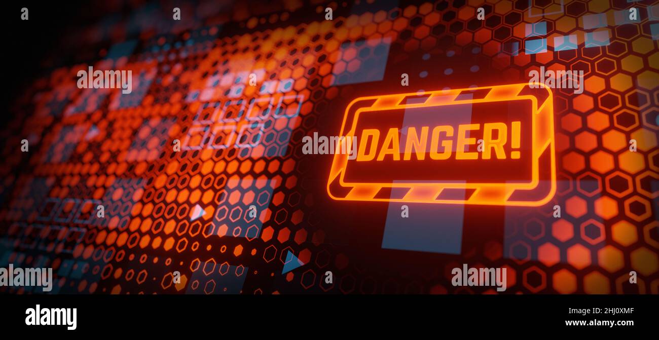 Danger warning glowing symbol in digital technology network background ...