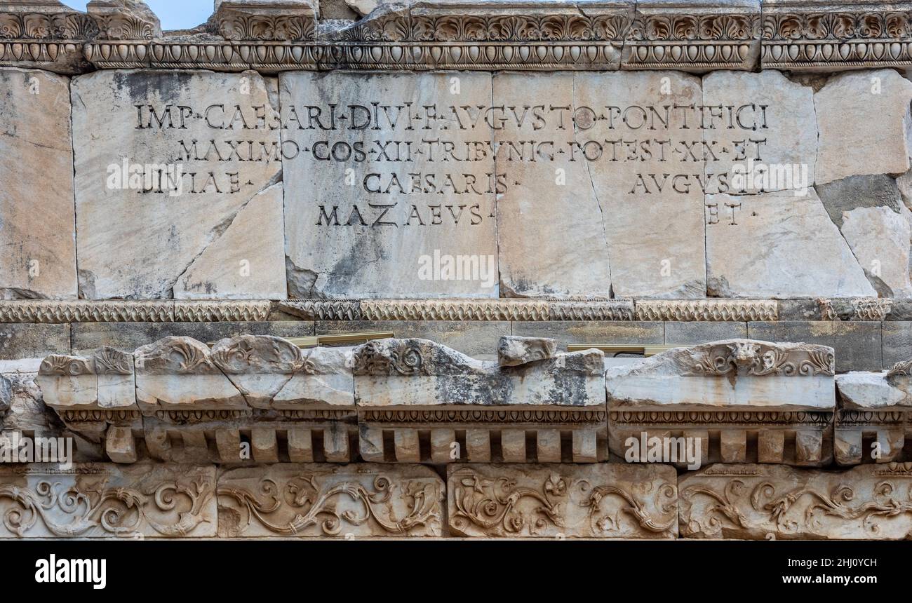 Close-up background view of Roman script samples from the ancient city ...