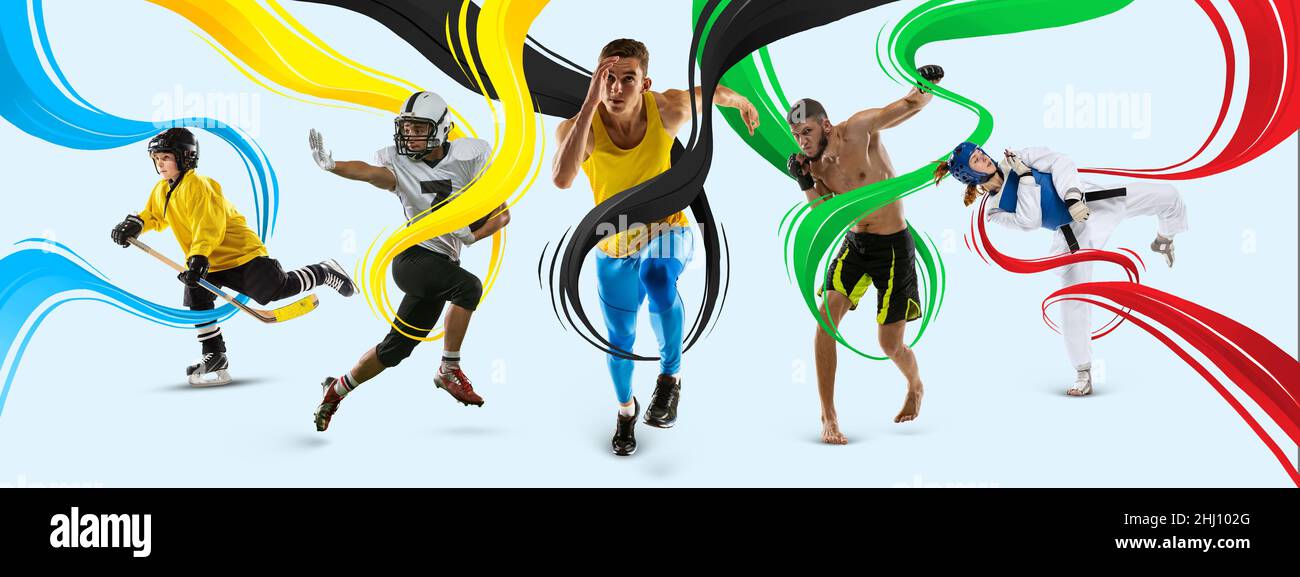 Sport collage. Professional sportsmen in action isolated on white ...