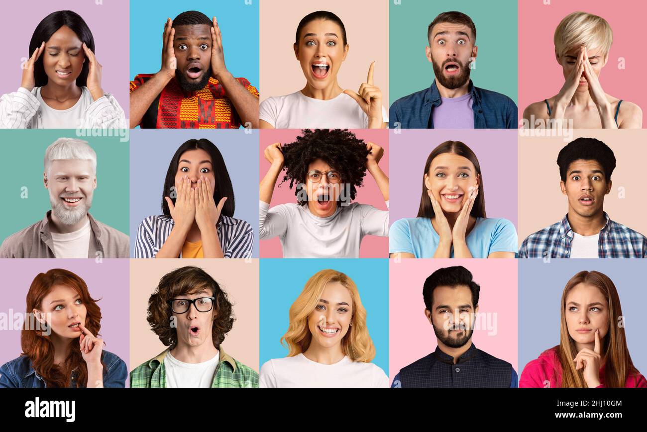 Multiple collage of diverse society expressing different emotions Stock ...