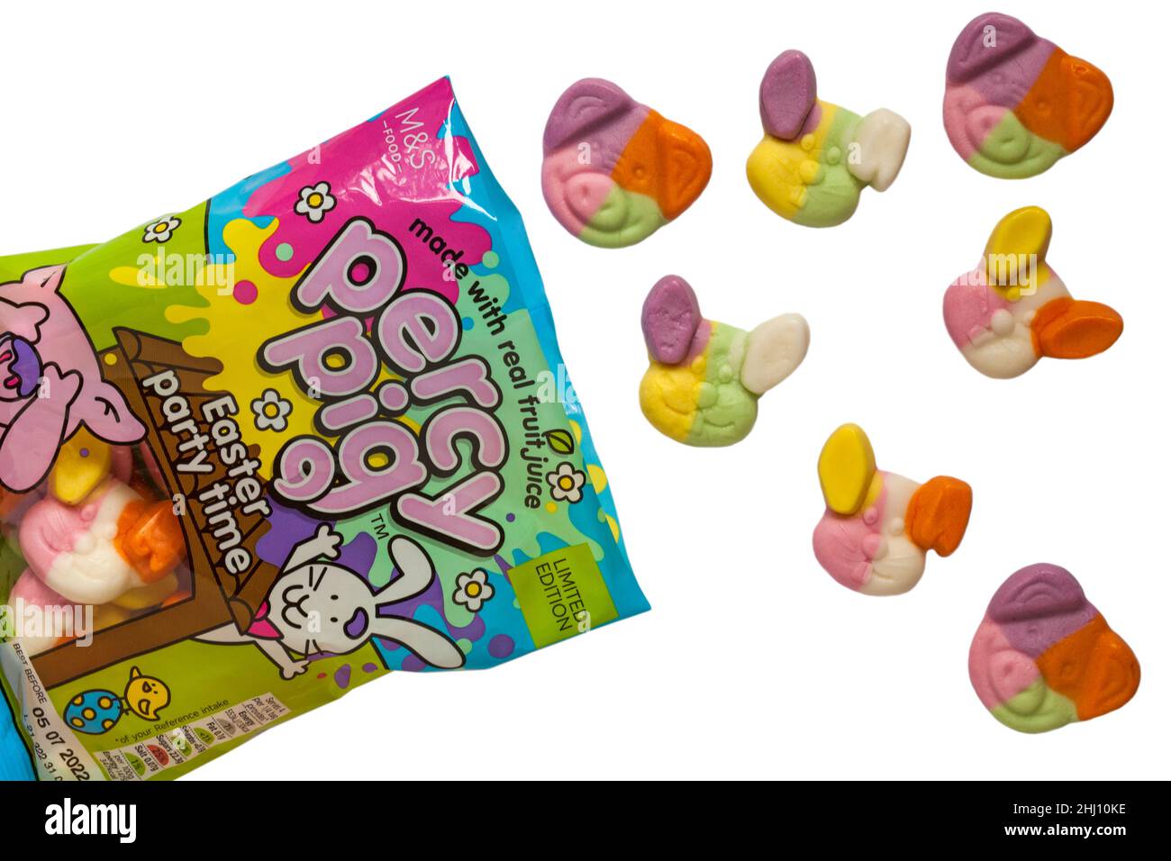 Bag of Limited Edition Marks & Spencer percy pig Easter party time sweets opened to show ...